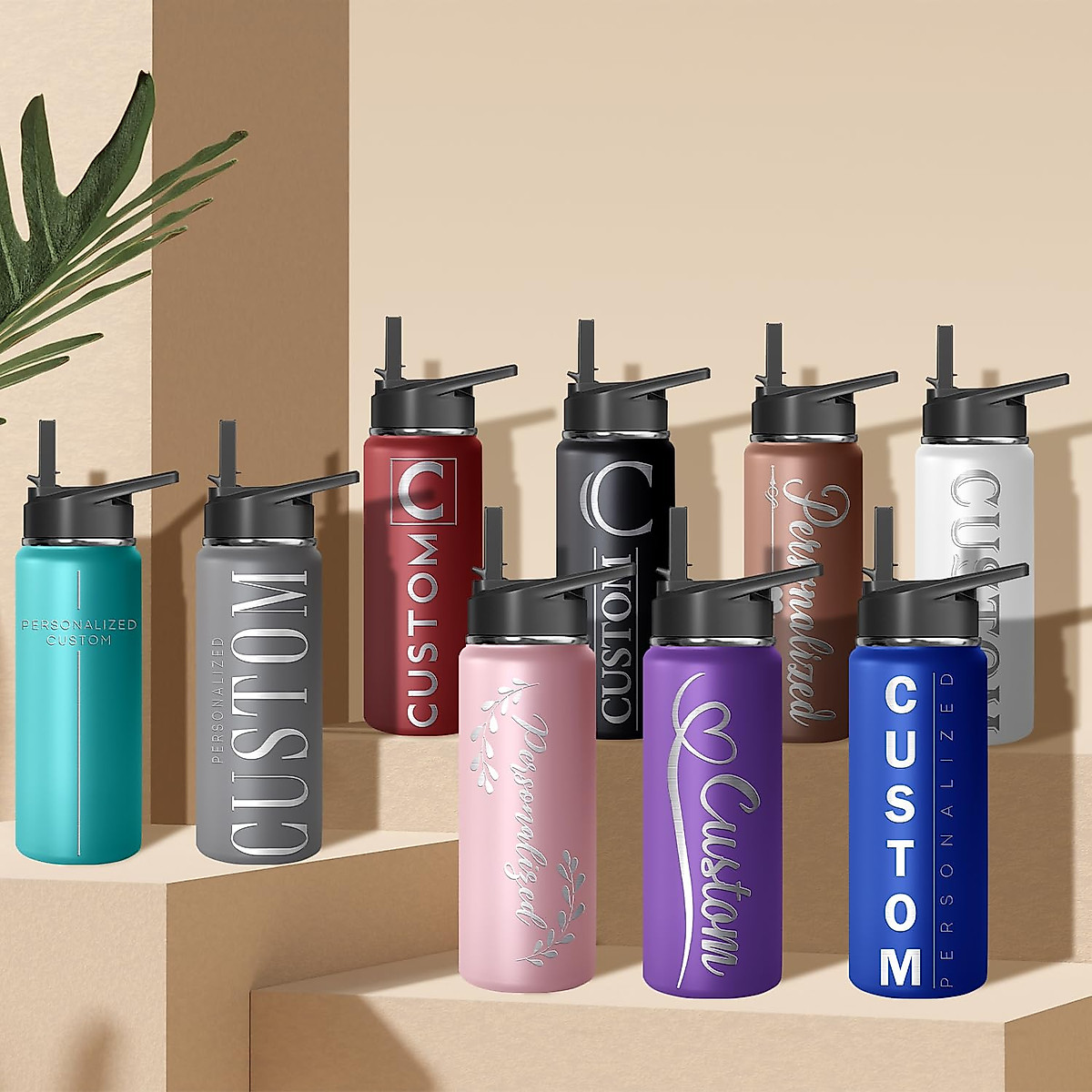 Personalized Custom Water Bottles w/Flip Straw & Lid 18/32/40 oz Black Custom Stainless Steel Insulated Bottle with Name Travel Coffee Mug
