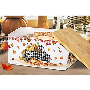 pinata Thanksgiving Decorations Bread Box, Thanksgiving Decor for Home Indoor, Buffalo Plaid Metal Bread Box Storage Container with Bamboo Cutting Board Lid, Fall Bread Container for Kitchen Counter