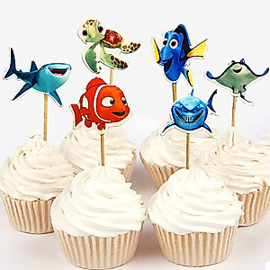 48 Pcs Cupcake Toppers for Finding Nemos Cake Toppers, Kids Birthday Party Cake Decoration Supplies