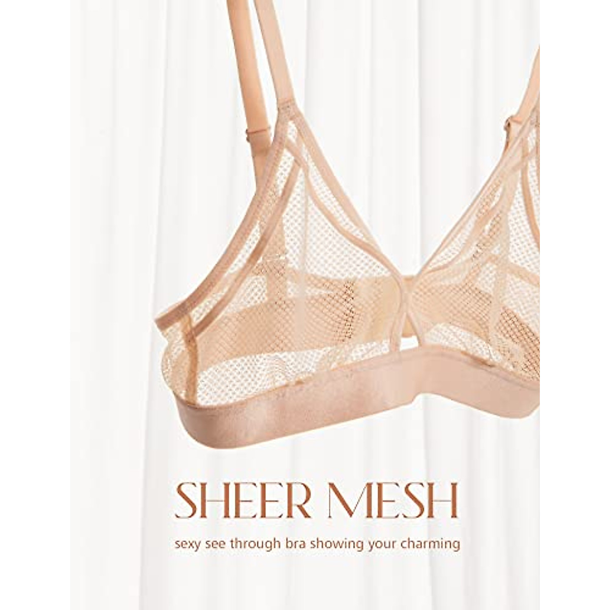 Wingslove Women's Sheer Mesh Bra Sexy Lace See Through Bralette Unlined Wireless Plunge Triangle Transparent Bras (Nude,36D)