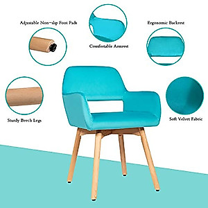 Giantex Set of 2 Velvet Dining Chairs, Modern Leisure Accent Living Room Chair w/Wood Legs, Non-Slip Foot Pads, X-Shaped Support, Comfortable Cute Arm Chair for Dining Room, Bedroom (2, Turquoise)
