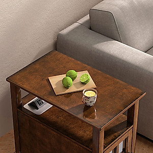 HIFYOBRO End Table with Hidden Charging Station, Narrow Side Table with Storage, Nightstand for Small Spaces with USB Ports & Power Outlets Bedside Table-Cherry