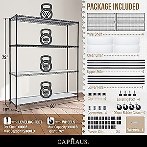 CAPHAUS NSF Commercial Grade Heavy Duty Wire Shelving w/Wheels, Leveling Feet & Liners, Storage Metal Shelf, Garage Shelving Storage, Utility Wire Rack Storage Shelves, w/Liner, 60 x 18 x 76 4-Tier