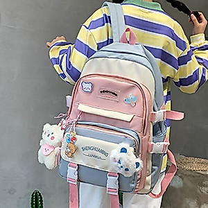 KOWVOWZ Kawaii Backpack for Teen Girls Student Bookbags with Cute pin and bear plush pendant harajuku school nylon waterproof (blue)