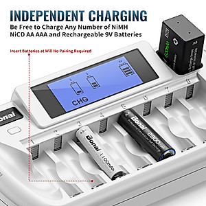 BONAI 8+1 Bay Battery Charger with LCD Display for AA AAA NiMH NiCd 9V Rechargeable Batteries with 9V Lithium Rechargeable Batteries 600mAh High Capacity Long-Lasting & Economical 4 Pack