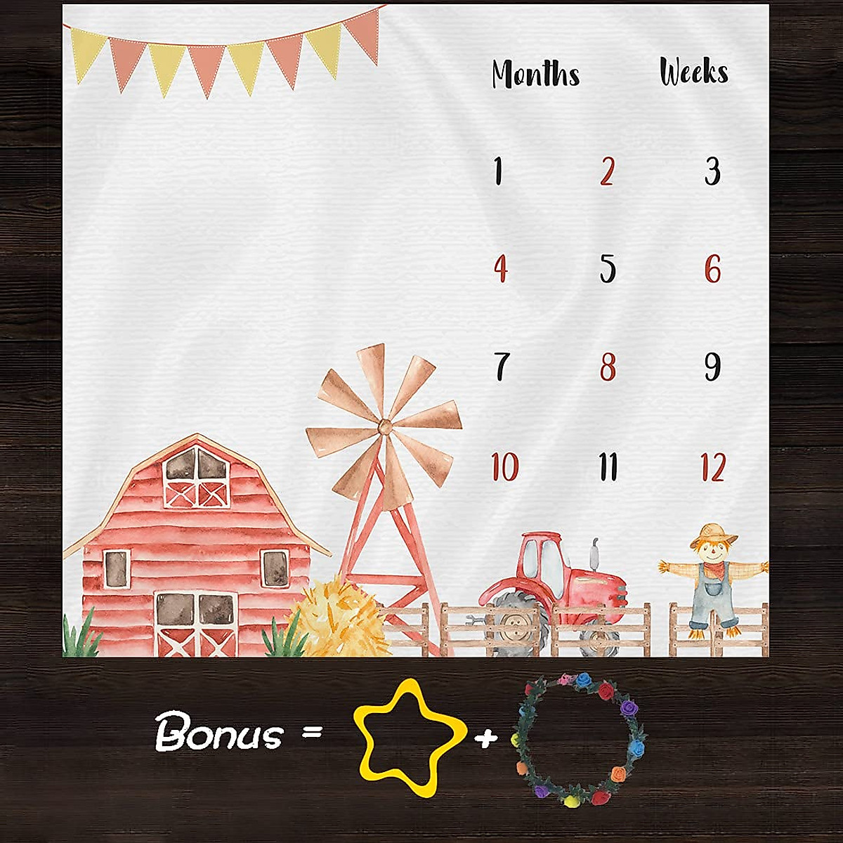 Farm Theme Baby Monthly Milestone Blanket, 48x40in Soft Flannel, Tractor and Barn Backgrounds, Newborn Mom Gifts, Baby Shower Age Growth Tracker with Bonus Maker BTWYFS76