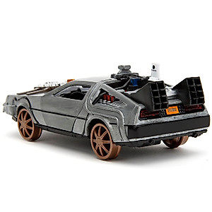 Delorean DMC (Time Machine) Brushed Metal Train Wheel Version Back to The Future Part III (1990) Movie Hollywood Rides Series 1/32 Diecast Model Car by Jada 34786
