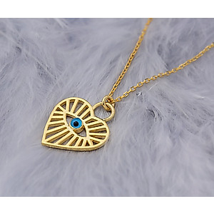 Ambica New York Heart Evil Eye Necklace for Women,14K Gold Plated Necklace with Heart Pendant,Turquoise Evil Eye Pendant Third Eye Necklace, Sterling Silver, No Gemstone