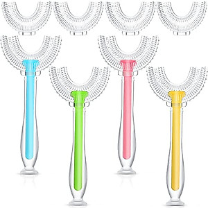 4 Pack Kids Toothbrush U Shaped Toothbrush with 4 Pcs Silicone Brush Head 360 U Type Whole Mouth Toothbrush Half Circle Toothbrush for Toddlers Children Ages 2-6 (Bright Colors,Classic Style)