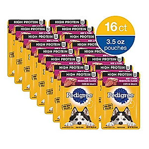 Pedigree High Protein Wet Dog Food Pouches, Beef and Pork Tenderloin Flavor Cuts in Gravy, 3.5 oz. Pouches, 16 Count