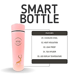 RTO Original Smart Thermos For Cold & Hot Drinks with Tea Infuser, Insulated Bottle with LED temperature Display | Spill & Leak Proof with Double Wall Stainless Steel (Rose, 16oz)