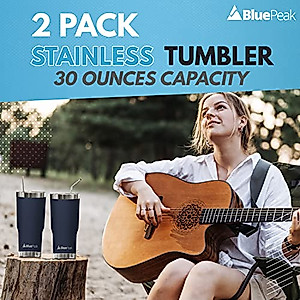 BluePeak Double Wall Vacuum Stainless Steel Insulated Tumblers Set, 2-Pack - Includes 2 Sipping Lids, 2 Spill-Proof Sliding Lids, 2 Straws, 1 Cleaning Brush & Gift Box (30 oz, Navy)