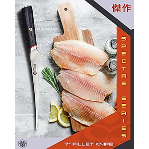 KESSAKU 7-Inch Flexible Fillet Knife - Spectre Series - Forged Japanese AUS-8 High Carbon Stainless Steel - Pakkawood Handle with Blade Guard