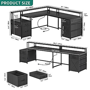 YITAHOME L Shaped Desk, 63" Reversible Computer Desk with 3 Drawers & Power Outlets, Corner Desk with LED Lights & Storage Cabinet, Long Home Office Desk, Black