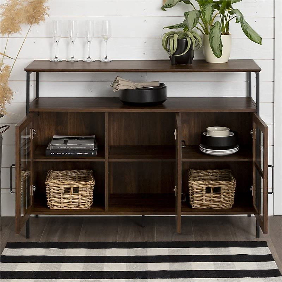 Walker Edison Furniture AZU48RAD3DDW Industrial 3-Door Buffet Sideboard for Kitchen-Dining Room, 48, Dark Walnut