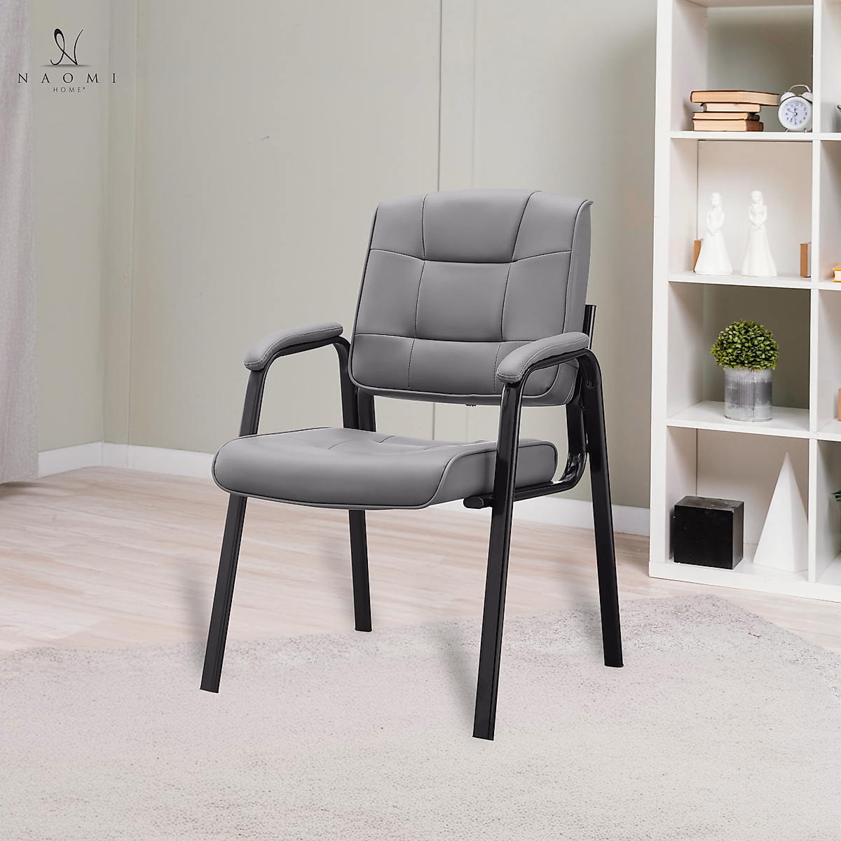 Naomi Home Conference Room Chairs, Heavy Duty Leather Executive Conference Table Chairs, Office Conference Chair, Conference Room Chair with Padded Arm Rest, Guest Chair Fixed-Back, Set of 2 - Gray