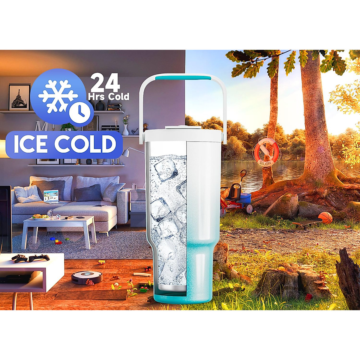 Meoky 32 oz Tumbler with Handle, Tumbler with Lid and Straw, Stainless Steel Travel Mug, 100% Leak Proof, Keeps Cold for 24 Hours, Fits in Car Cup Holder (Azure)