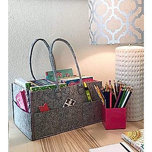 Baby Diaper Caddy | 13X9X7 | Nursery Storage and Car Organizer for Diapers and Wipes | Grey with Pink Removable Dividers