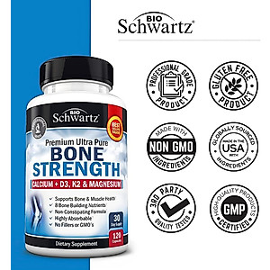 Bone Strength Calcium Supplement - With Calcium, Vitamin D3, K2, C, Magnesium, Zinc - 8 Bone-Building Nutrients, High Absorption, Non-Constipating Formula - 120 Veggie Capsules for Optimal Bone Health