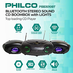 Philco Portable Bluetooth Boombox CD Player with AM FM Radio and USB Playback | Fun Lights |Stereo Sound | CD Player is Compatible with MP3/WMA/CD-R/CD-RW CDs | 3.5mm Aux Input | AC/Battery Powered