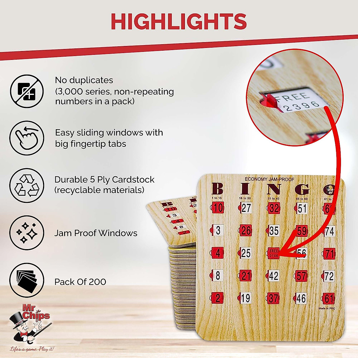 MR CHIPS Bingo Cage and Balls Set with 200 Jam Proof Shutter Slide Cards