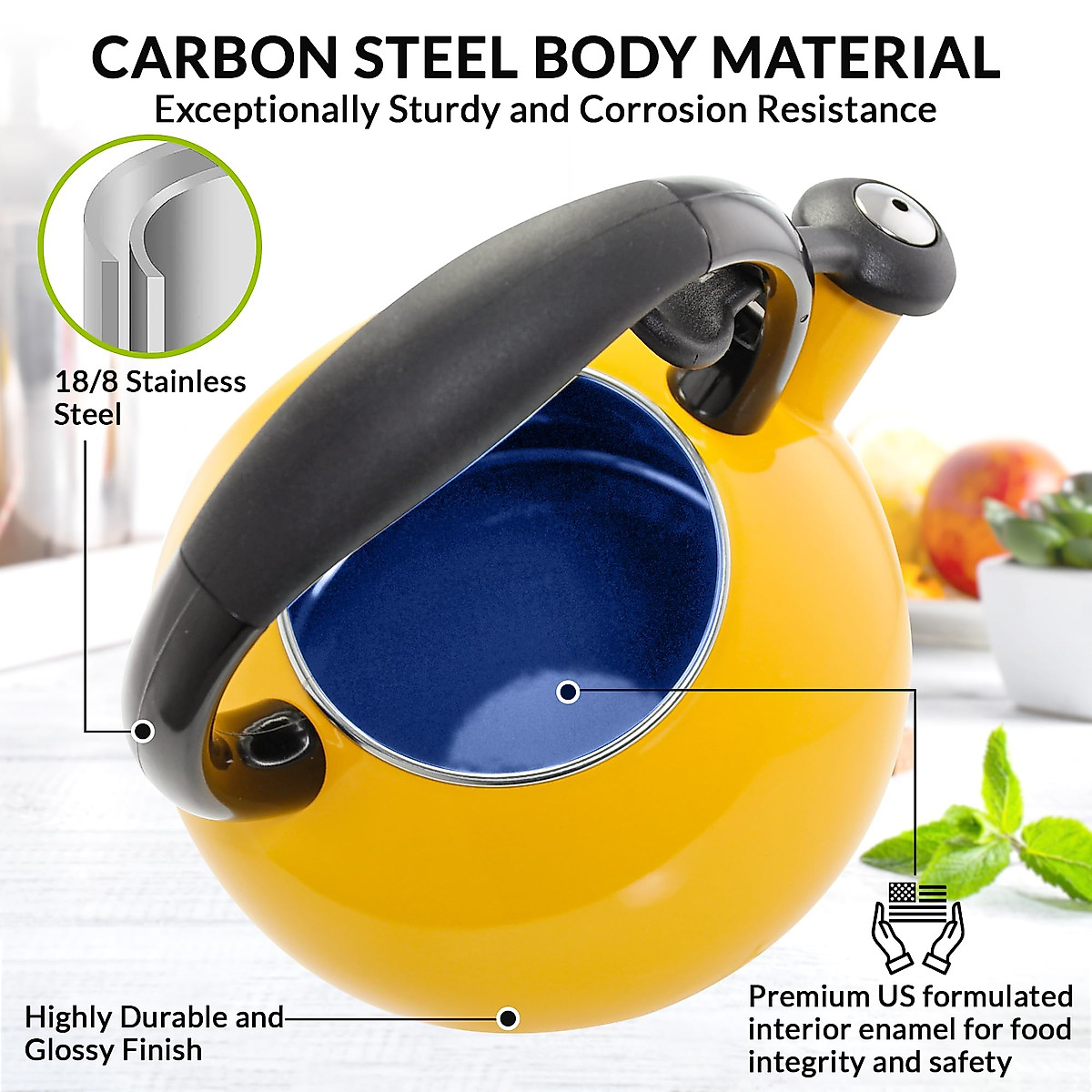 Chantal 1.8 QT Kettle, Buttons Series, Premium Enamel on Carbon Steel, Whistling, Even Heating & Quick Boil (Marigold)