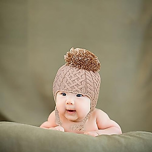 Baby Winter Beanies Cold Weather Hats Knitted Wool Pompom Hat Ear Flap Fleece Lined Beanie Hat for Newborn Baby 0-24M