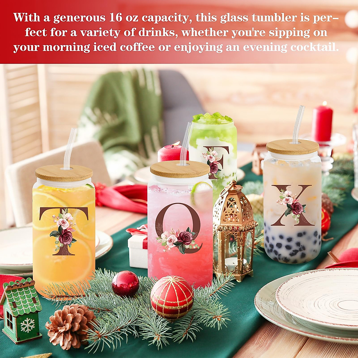 Birthday Gifts for Women, Personalized Gifts for Women, Monogrammed Initial Glass Cup - 16oz Glass Cups with Lids and Straws, Iced Coffee Cup, Beer Can Shaped Glass - Personalized Christmas Gifts Q