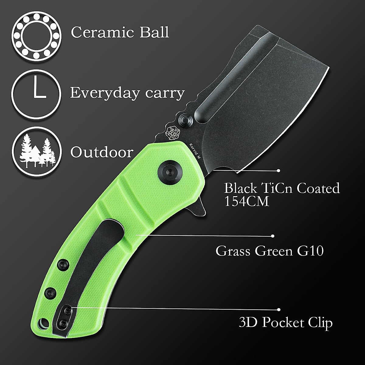 KANSEPT Knives Korvid M Mini Pocket Knife 2.45''154CM Blade,Orange G10 Handle,Cleaver Pocket Folding Knife for Everyday Carry T2030A7