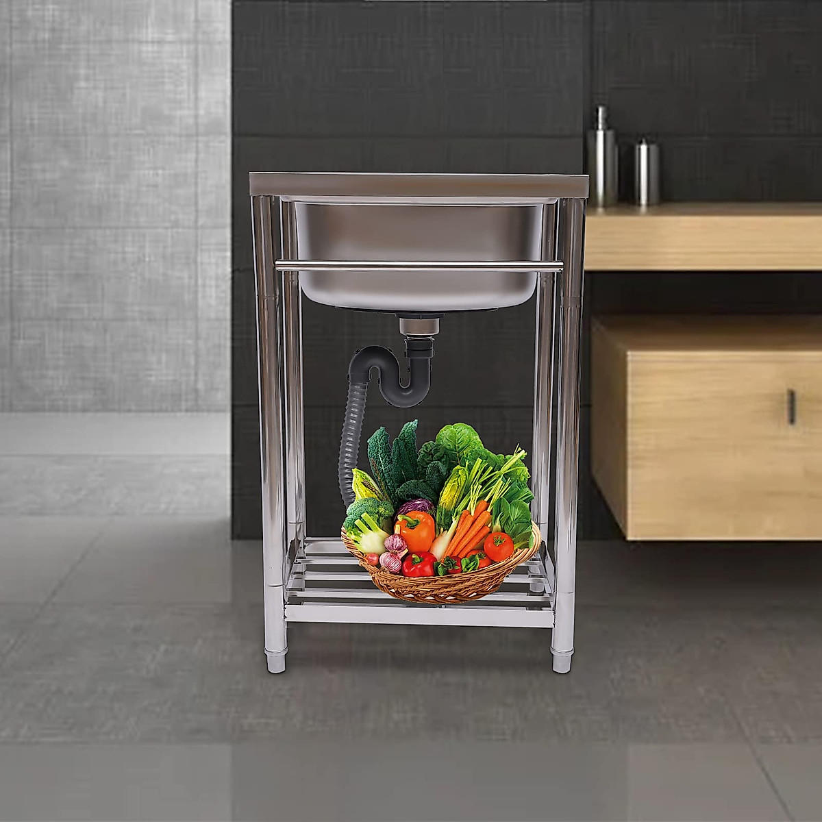 Free Standing Stainless-Steel Single Bowl Commercial Restaurant Kitchen Sink Set w/Drainboard, Prep & Utility Washing Hand Basin w/Storage Shelves Indoor Outdoor