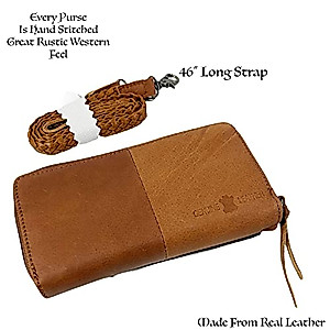 Urbalabs Cowhair Urbalabs Cowhair Genuine Leather Western Wallets Tri Fold Pouch Clutch Bag Purse Cell Phone Holder Wallet Hand Stitched (Light Brown)