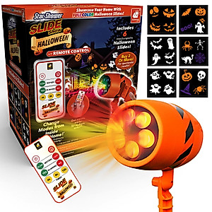 Star Shower Show LED Projector, AS-SEEN-ON-TV, Showcase Your Home With Full-Color Holiday, Use 2 or More for Spooktacular Results, Includes 6 Halloween Slides & Remote, 7 In, Orange