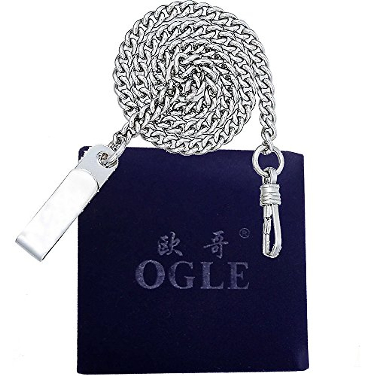 OGLE Waterproof Classics Roman Tourbillon Phases Moon Chain Fob Skeleton Automatic Mechanical Pocket Watch (Silver Case&White)