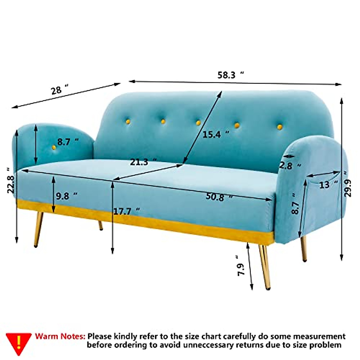 Betoko Tufted Velvet Loveseat Sofa Stylish Color Block Love Seats Couches Cute Cotton Candy Loveseat Sofas for Living Room Bedroom with Golden Metal Legs and Side Pockets (Light Blue)