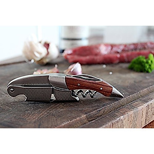 Barvivo Wine Opener with Foil Cutter Knife & Cap Remover - Double Hinged Manual Wine Key for Servers, Bartenders & Waiters - Wine Accessories Ideal as Valentines Day Gifts for Him - Natural Rosewood