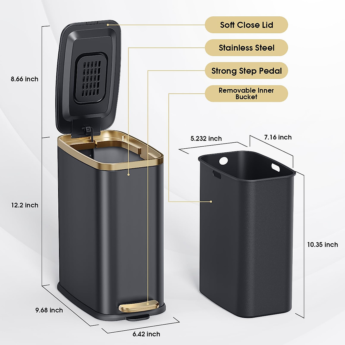 Small Bathroom Trash Can with Lid-5L/1.3 Gal Stainless Steel Step Pedal Trash Can Slim Metal Wastebasket-Narrow Rectangle Garbage Container Bin/w Inner Bucket for Kitchen Bedroom Office Toilet-Black