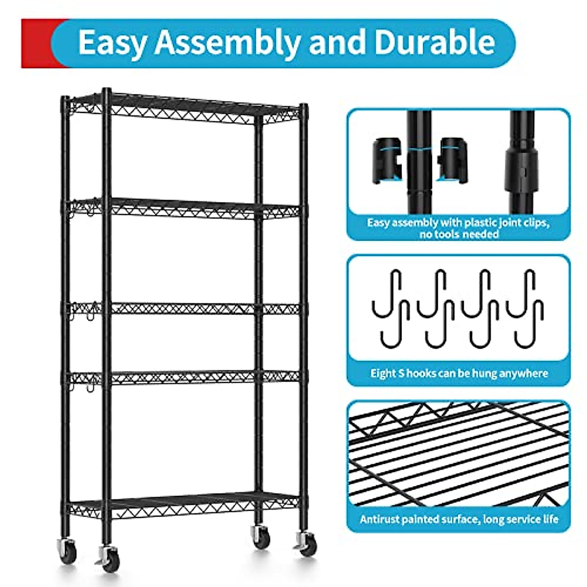 Hodonas 5-Tier Storage Shelves with Wheels, Freestanding Metal Shelves for Storage Wire Shelving Unit Storage Shelf, Metal Shelving Rack for Pantry Garage Kitchen Storage, Black, 36"W x 14"D x 75"H …