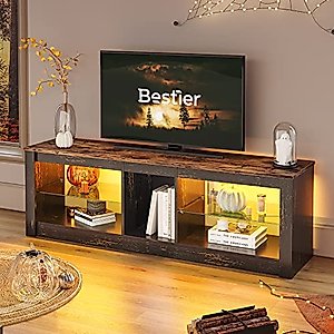 Bestier RGB TV Stand for 65+ Gaming Entertainment Center Gaming LED TV Media Console Table with 2 Glass Shelf PS Gaming TV Cabinet for Living Room, Golden Black