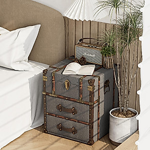 Aoikax Vintage Storage Chest with Buckle Hinged Top, Linen Accent End Side Table for Living Room, Office, Bedroom, Rectangle, Grey