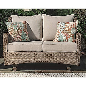 Signature Design by Ashley Clear Ridge Outdoor Handwoven Wicker Cushioned Loveseat Glider with 2 Throw Pillows, Light Brown
