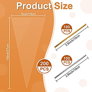 SBYURE 200 Pcs Clear Cone Shaped Treat Bags Cellophane Triangle Candy Bags with 200 Twist Ties for Favor Candy Popcorn Handmade Cookies Sweets Crafts,15'' x7''