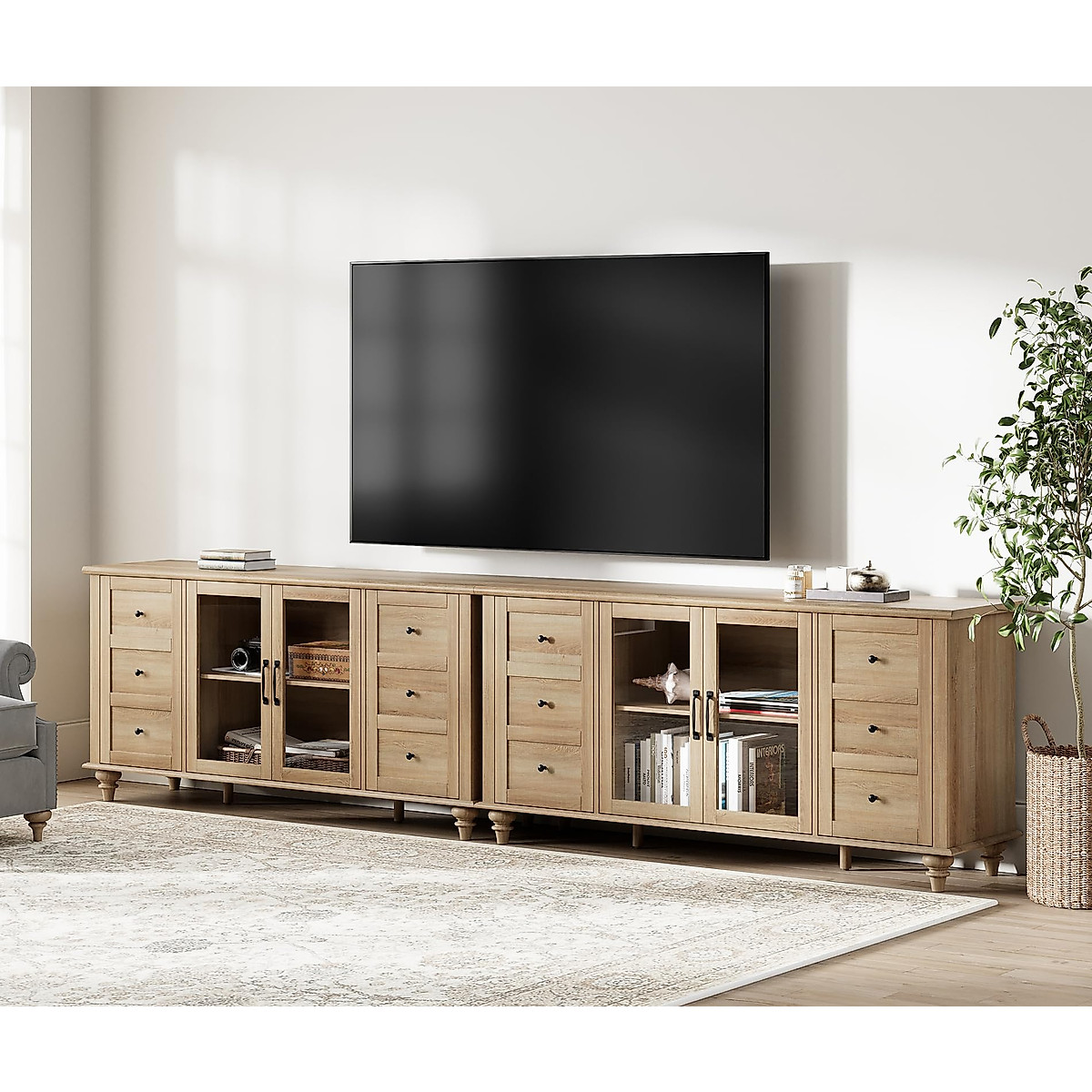 WAMPAT 116'' Farmhouse TV Stand for TVs Up to 110 inch,Glass and Wood Universal TV Stand with Storage Cabinets,White Entertainment Center for 32-110 inch TV Console Table,Oak