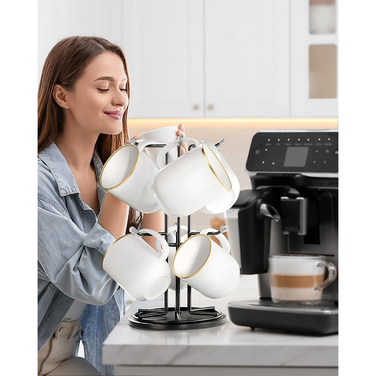 Bulado Mug Tree for Large Mugs, 360° Rotated Coffee Mug Holder, Metal Mug Tree for Counter Large Mugs 6, Coffee Cup Holder for Countertop for Easy Grab and Drop, Mug Stand for Coffee Bar Kitchen