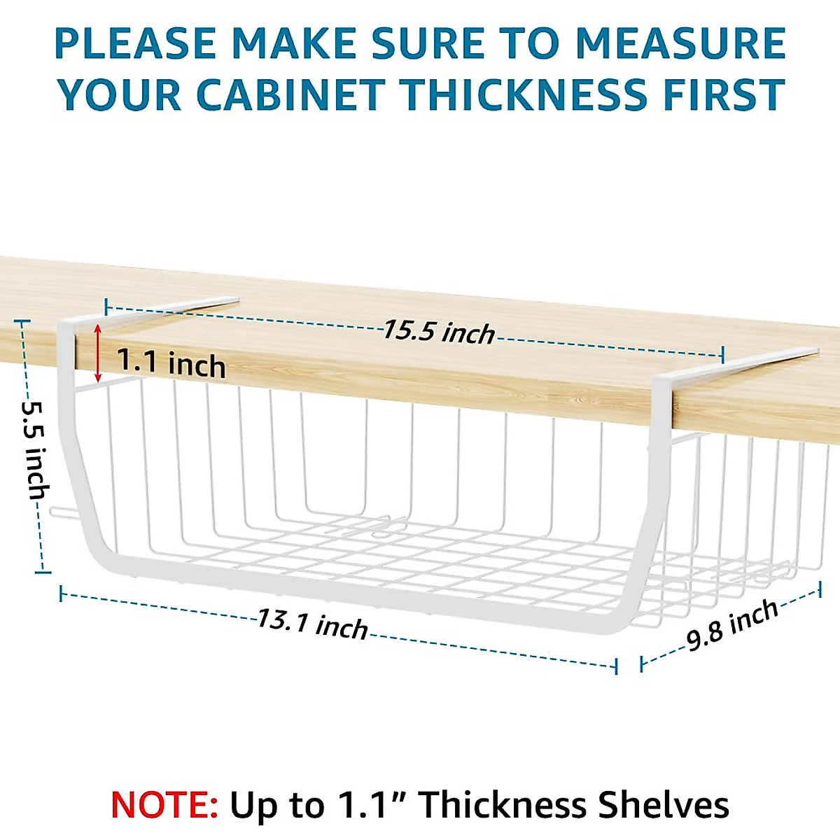 2 Pack Under Shelf Basket, Metal Wire Undershelf Storage Baskets for Cabinet Thickness Max 1.2 inch, Space Saving Hanging Organization for Cupboard Kitchen Counter Pantry Bookshelf, Chrome