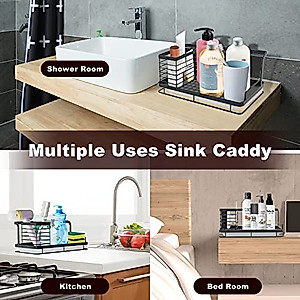 Hittanous Kitchen Sink Caddy, Rustproof Kitchen Sink Organizers with Drain Pan, Kitchen Caddy for Brush Dishcloth Soap and Sponge Holder Kitchen Sink Bathroom Accessories Storage Countertop (Black)