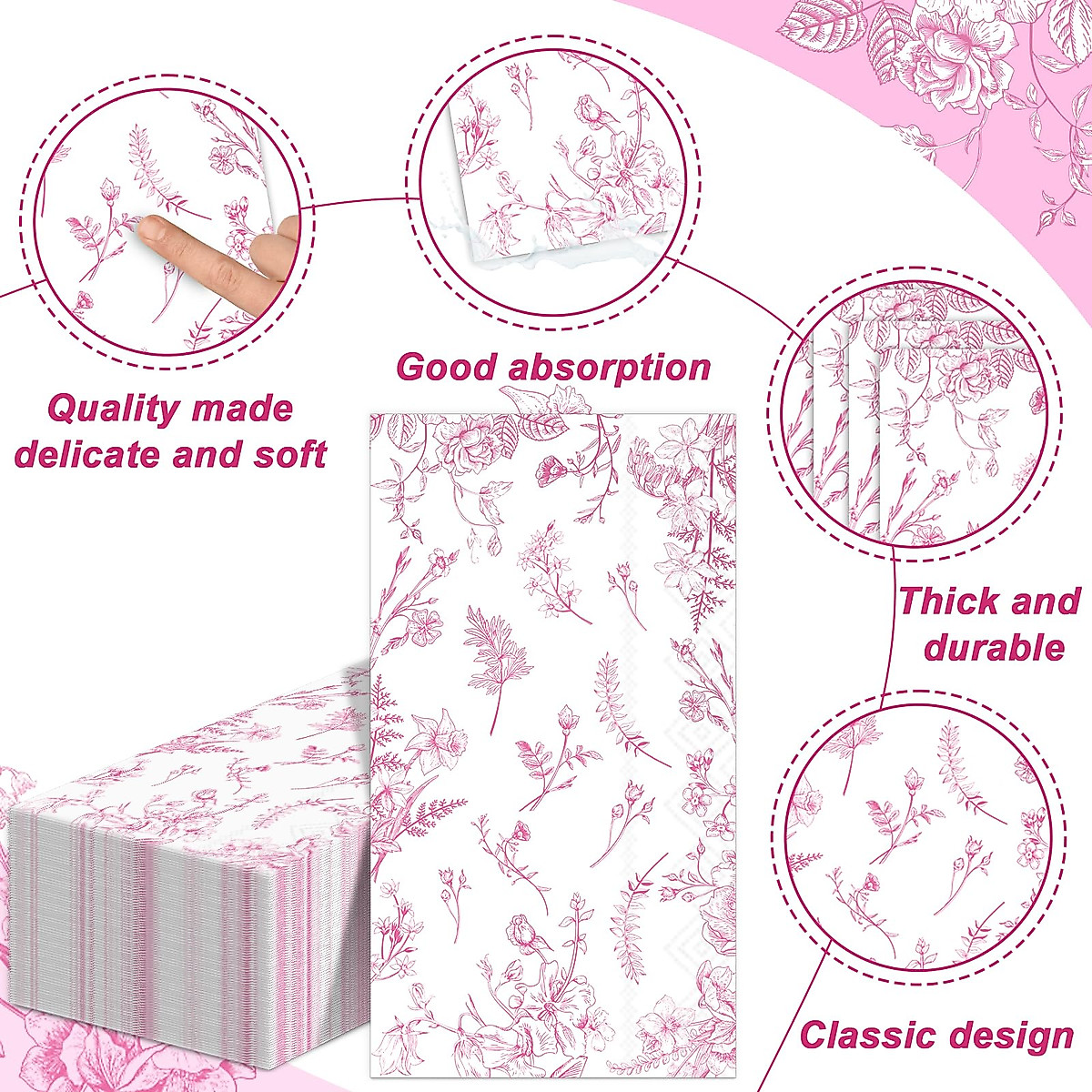 50Pcs Pink Floral Guest Napkins Pink and White Floral Dinner Napkins Party Supplies Pink Floral Paper Bathroom Hand Towels Toile for Wedding Bridal Birthday Baby Shower Garden Tea Summer Party Favor