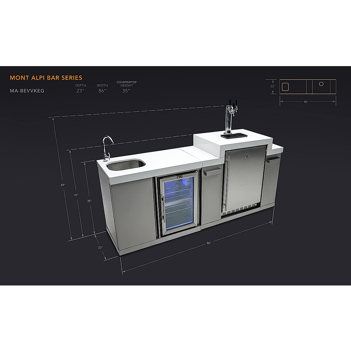 Mont Alpi Bar Series MA-BEVKEG Stainless Steel Outdoor Rated 3 Beer Tap Kegerator Keg Center Dispenser + Beverage Center with Compact Refrigerator + Granite Countertops