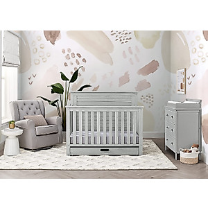 Delta Children Simmons Kids Caden 6-in-1 Convertible Crib with Trundle Drawer, Greenguard Gold Certified, Rustic Mist