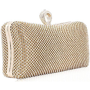 Dexmay Rhinestone Crystal Ring Clutch Purse Luxury Evening Bag for Bridal Wedding Party Gold