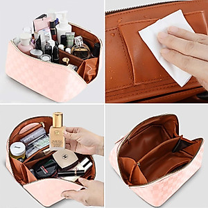 ANFAFUN Travel Makeup Bag - Large Capacity Handing Cosmetic Bag, PU Leather Waterproof & Divider Flat Lay Make Up Bag Organizer with Makeup Mirror‘s Toiletry Bags for Women (makeup bag-pink)